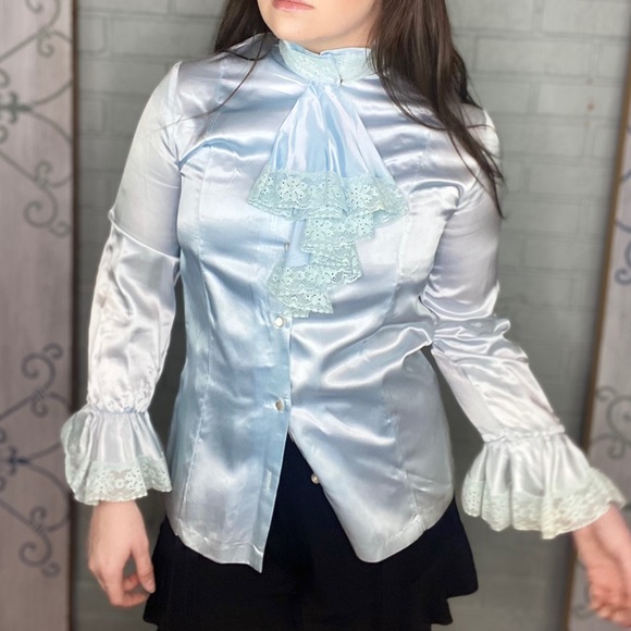Vintage | Tops | 96s Vintage Blue Satin Ruffle Prince Style Blouse ...